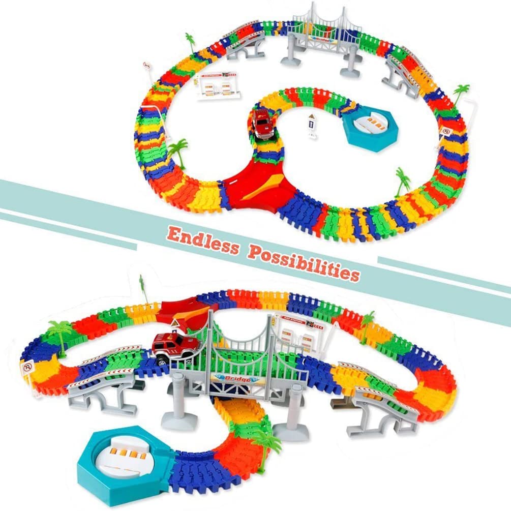 192 Pieces Flexible Race Track Playset - Magic Journey Rainbow Create a Road Super Snap Speedway STEM Building Toy with Race Car for Kids