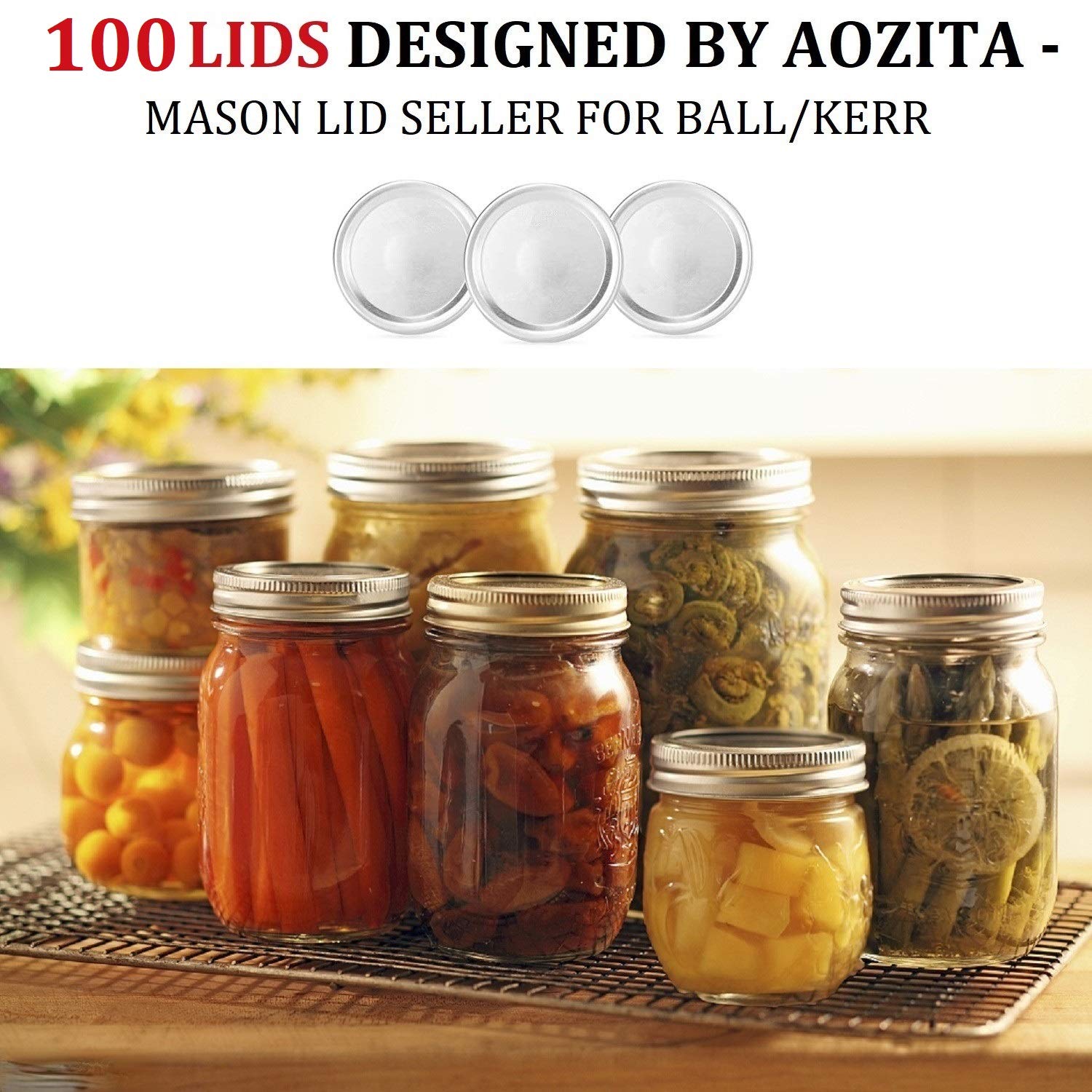 100pcs Ball Jar Lids,Mason Jar Canning Lids,for 70mm Regular Wide Mouth,Super Sealed Rust Proof,Food Grade Metal Material with Silicone Seals Ring,Silver Leak Proof,YABOO