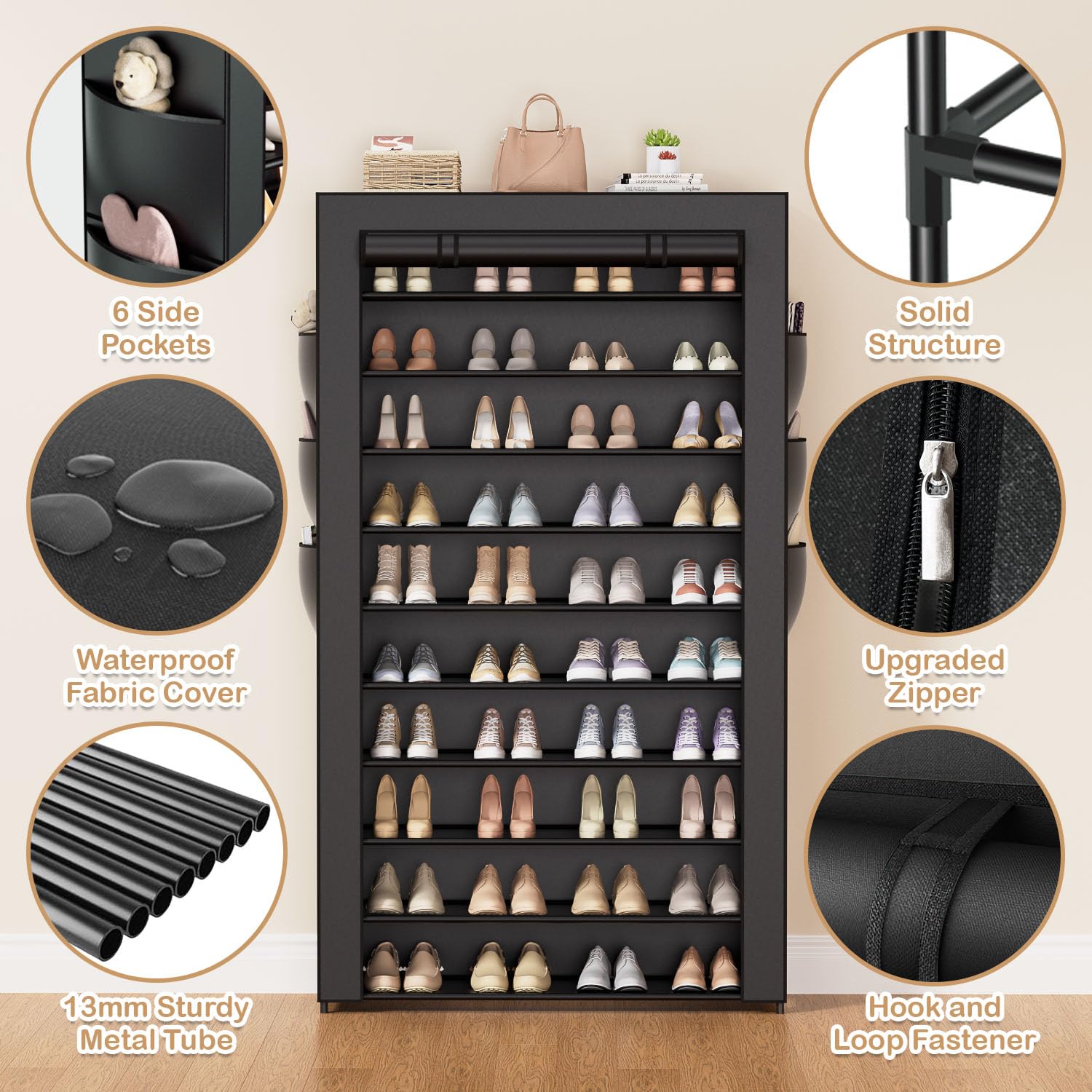 10 Tiers Large Shoe Rack with Covers- Large Capacity 40-50Pairs Shoes Rack Storage Organizer Closed Tall Shoe Rack Organizer with Covers for Closet Entryway Garage, Stackable Tall Shoe Shelf Storage
