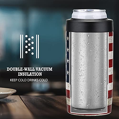 2 Pack Slim Can Cooler, 4-IN-1 Can Insulator for 12 Oz Beer & Soda, Double Wall Stainless Steel Can Sleeves Keep Your Beverages Cold (American Flag&Black)