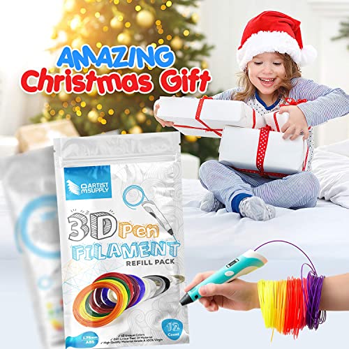 3D Pen Filament Refills - 1.75mm ABS Printer Refill Pack - 240 Linear Feet in 20 Foot Lengths Per Color - 80 Stencil E-Book & Bonus Glow in The Dark Color Included by 3D Artist Supply