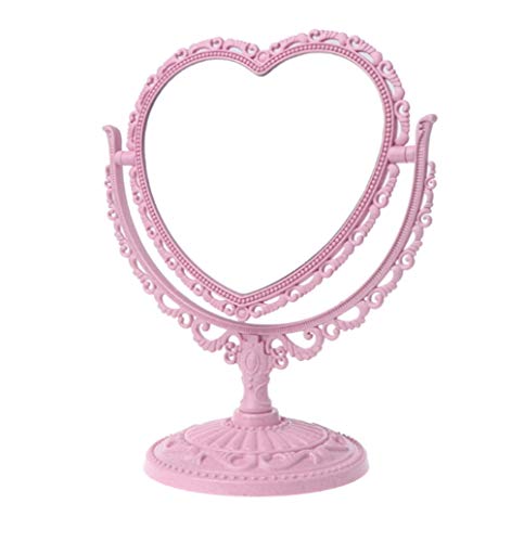 AKOAK 1 Pack Simple and Lovely Heart-Shaped Cosmetic Mirror Plastic Double-Sided Rotatable Dresser Mirror Lightweight Mirror Bathroom Bedroom Mirror (Four-Color) (Pink)