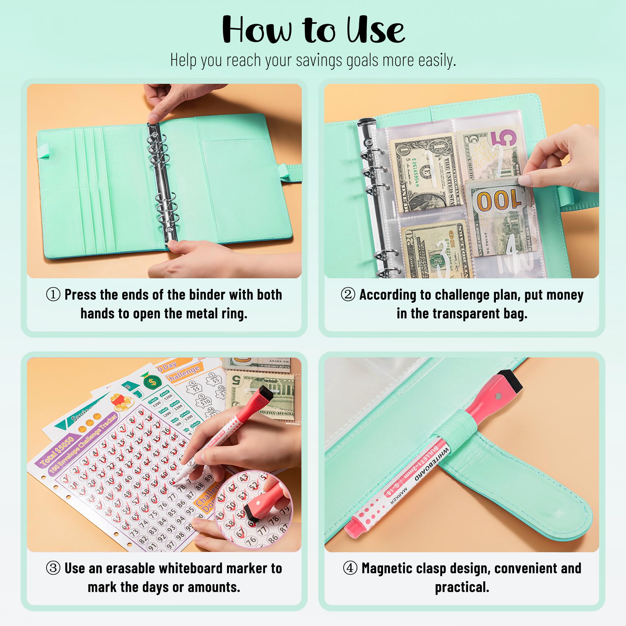 100 Envelopes Money Saving Budget Binder with Cash Envelopes, A5 Savings Challenges Book with Envelopes Erasable Tracker, Easy and Fun Way to Save $500 $5050 $10000 (Z)