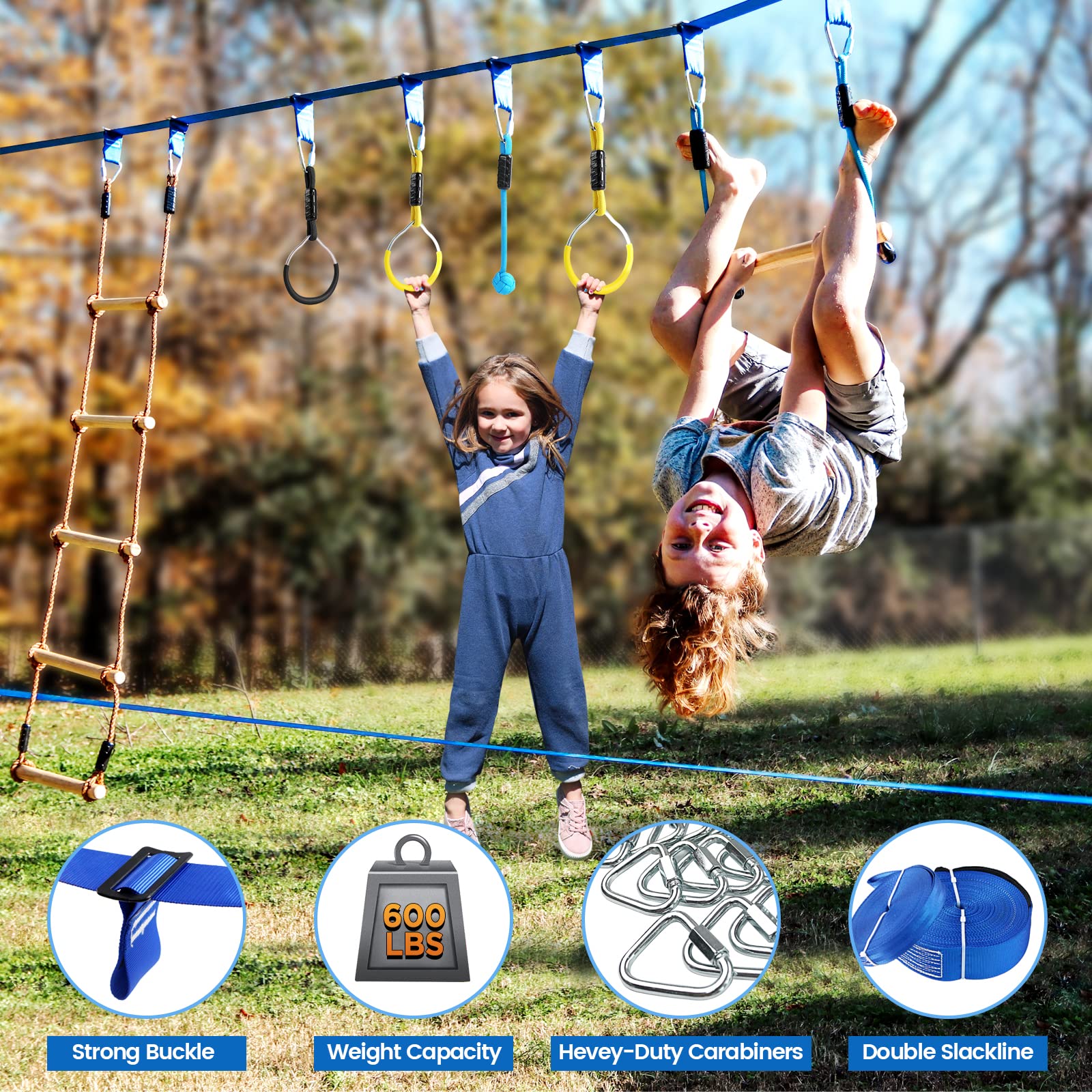 2×56ft Ninja Warrior Obstacle Course for Kids - 600 lbs Weight Capacity, Slackline Obstacle Course with 8 Ninja Accessories - Monkey Bar, Rope Ladder, Gymnastic Ring, Arm Trainer and Monkey Fist