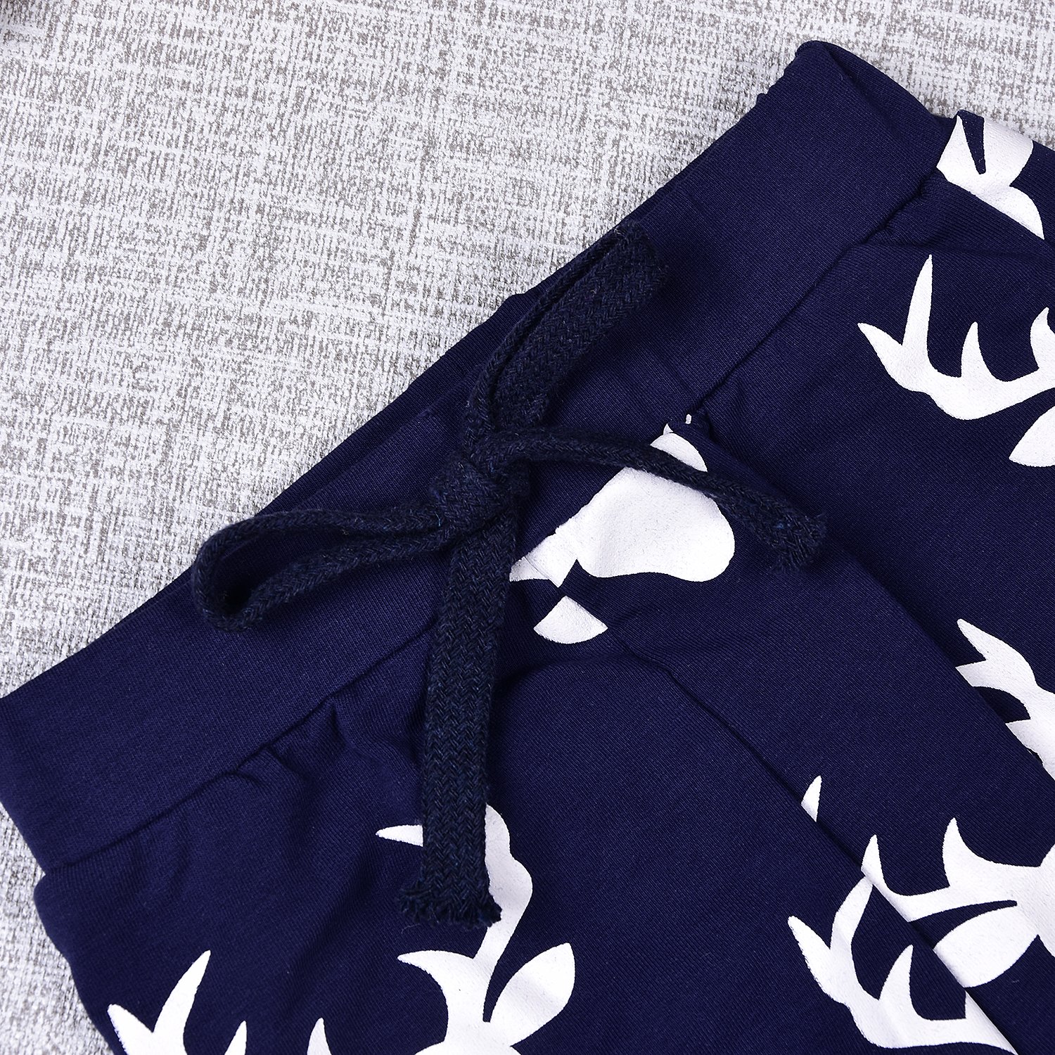 2PCs Baby Deer Print Hoodies with Pocket Top + Striped Long Pants Autumn Outfit Set (6-12M(Tag80), Grey&Dark Blue)