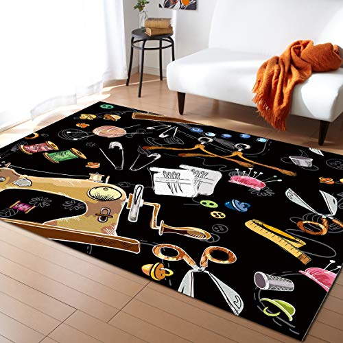 Beauty Decor Rectangle Kitchen Area Rugs 3'x5' Sewing Machine Yarn Scissors Paper Clips Non-Skid Area Carpet for Living Room Comfy Bedroom Home Decorate Floor Carpets Kids Playing Mat.