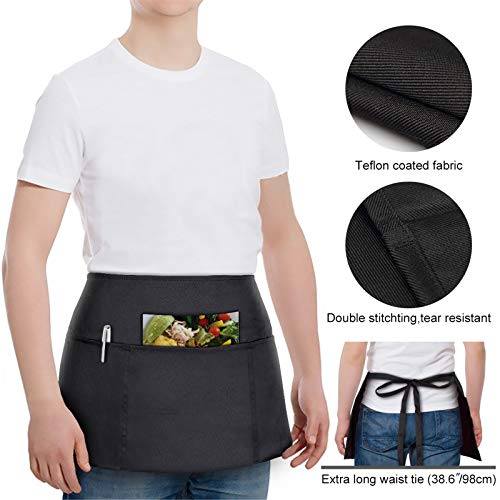 2 Pack Waitress Apron - Server Aprons with 3 Pockets - Water & Oil Resistant Waist Apron with Pockets - Black Aprons For Servers - Half Aprons For Women With Pockets - 12 Inch