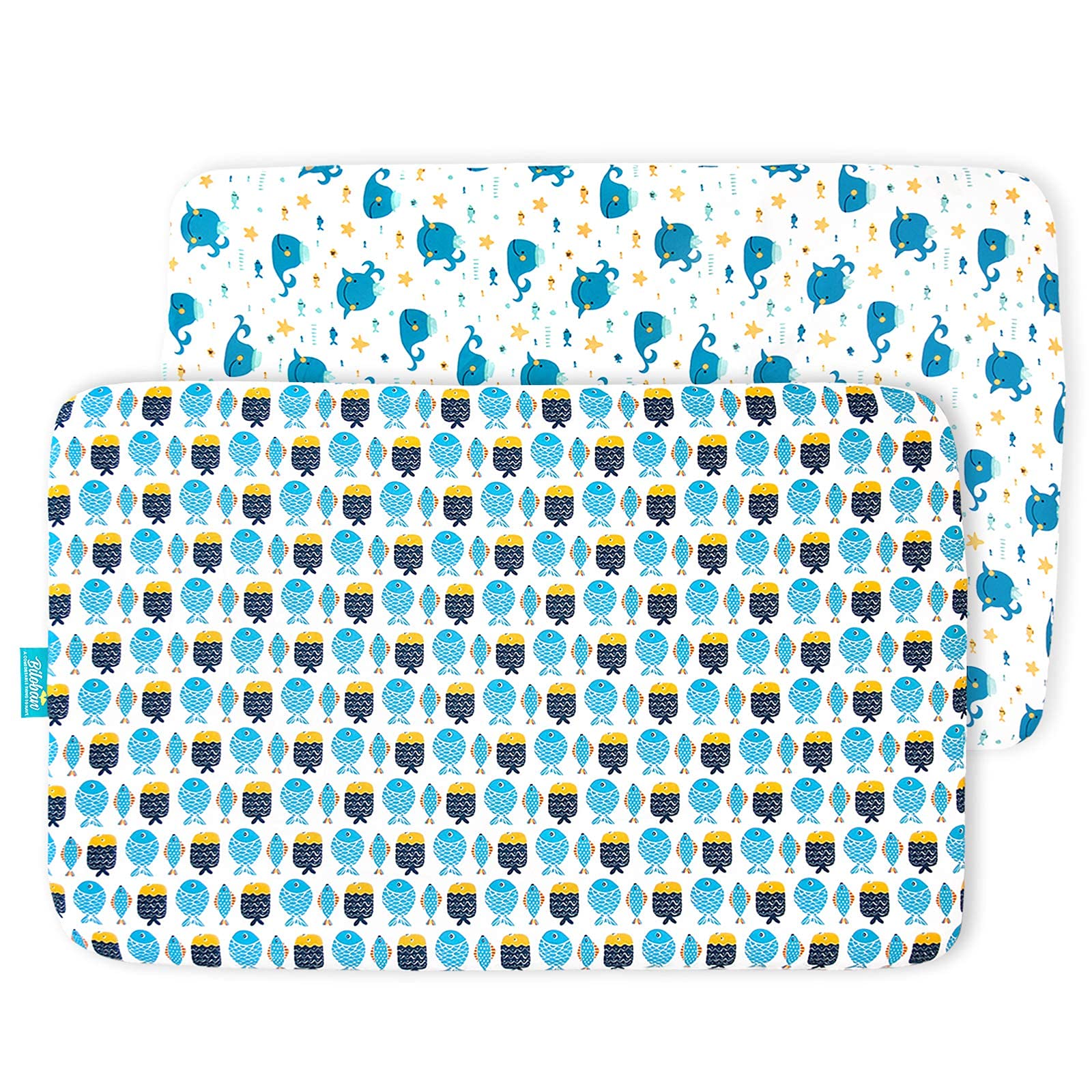 Biloban Pack n Play Sheet Fitted, 4 Pack Portable Playard Navy and Grey & Whale and Fish