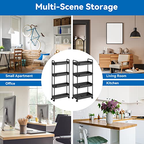2 Pack 4 Tier Slim Storage Cart, Bathroom Organizer Laundry Room Organization Mobile Shelving Unit Slide Out Utility Rolling Rack with Wheels for Kitchen Garage Office Small Apartment Narrow Space