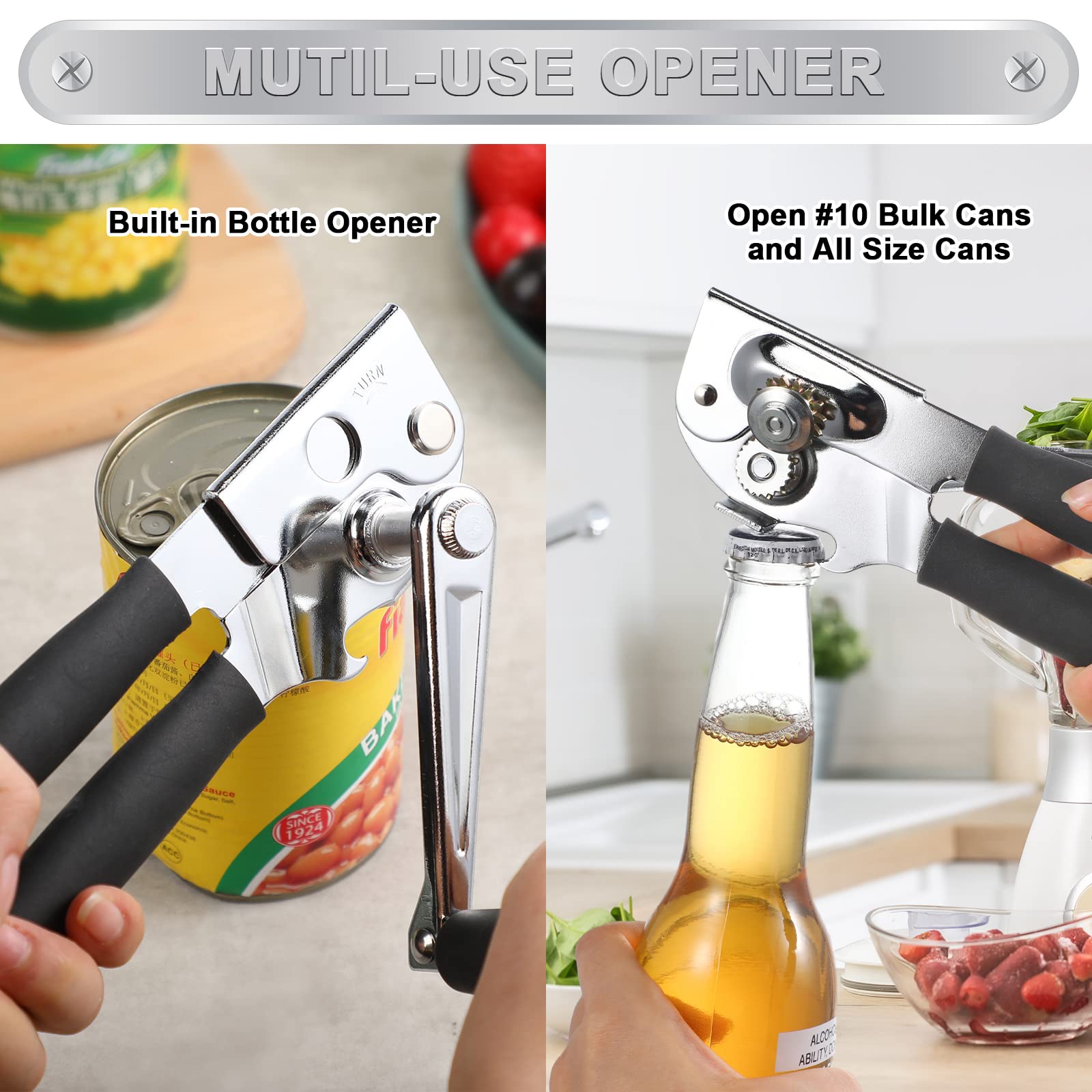 1 Pack Commercial Can Opener Manual Heavy Duty, Stainless Steel Handheld Can Opener with Folding Easy Crank Handle, Smooth Edge, Black Swing Grips, for #10 Bulk Cans and All Size Cans, Large Cans