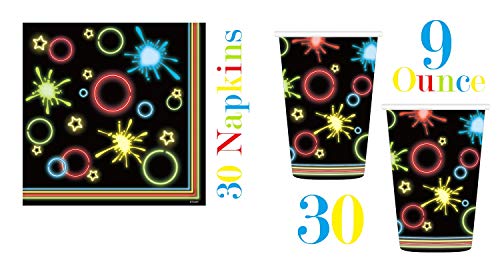 Serves 30 Complete Party Pack Neon Glow Party Supplies 9" Dinner Paper Plates 7" Dessert Paper Plates 9 oz Cups 3 Ply Napkins 1 Table Cover Size: 54" x 108" Neon Glow Party Theme