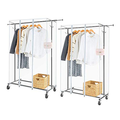 GREENSTELL Garment Rack with PVC Cover on Wheels (Standard Size) + Garment Rack with PVC Cover on Wheels (Lager Size), Heavy Duty Adjustable Clothing Rack with Extendable Hanging Railand Two Hooks