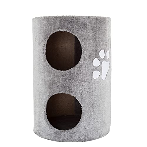 20.5-Inch Cat Condo β 2 Story Cat House with Sisal Scratch Pad, Barrel Shaped Pet House Covered in Soft Fabric by PETMAKER (Gray)