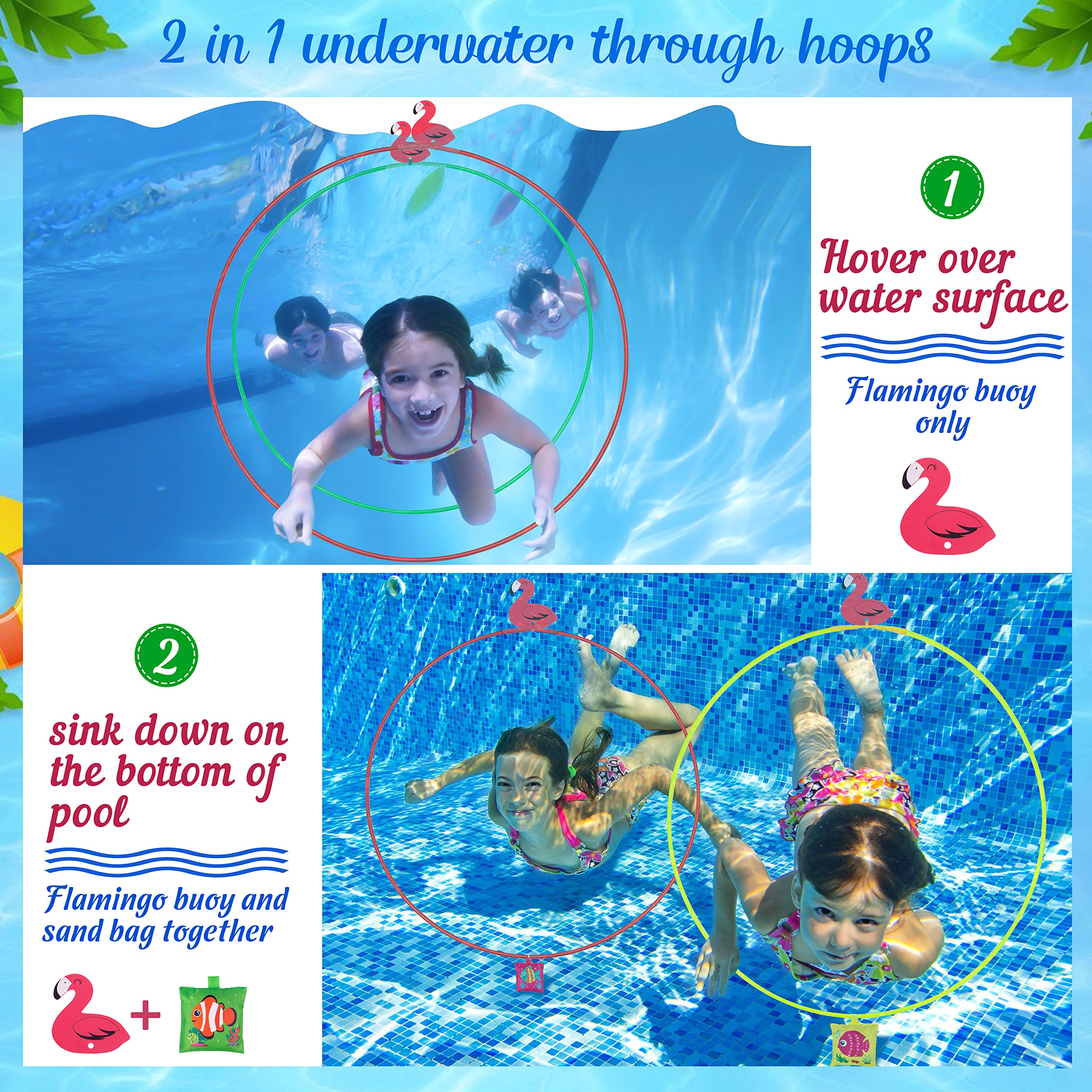 15PCS Pool Toys Games Set-5 Diving Through Swim Rings + 5 Flamingo Buoys + 5 Sand Bags for Kids 3,4,5,6,7,8,9,10,11,12 Adults-Swimming Thru Pool Hoop Accessories Water Sport Gifts (Assembly Needed)