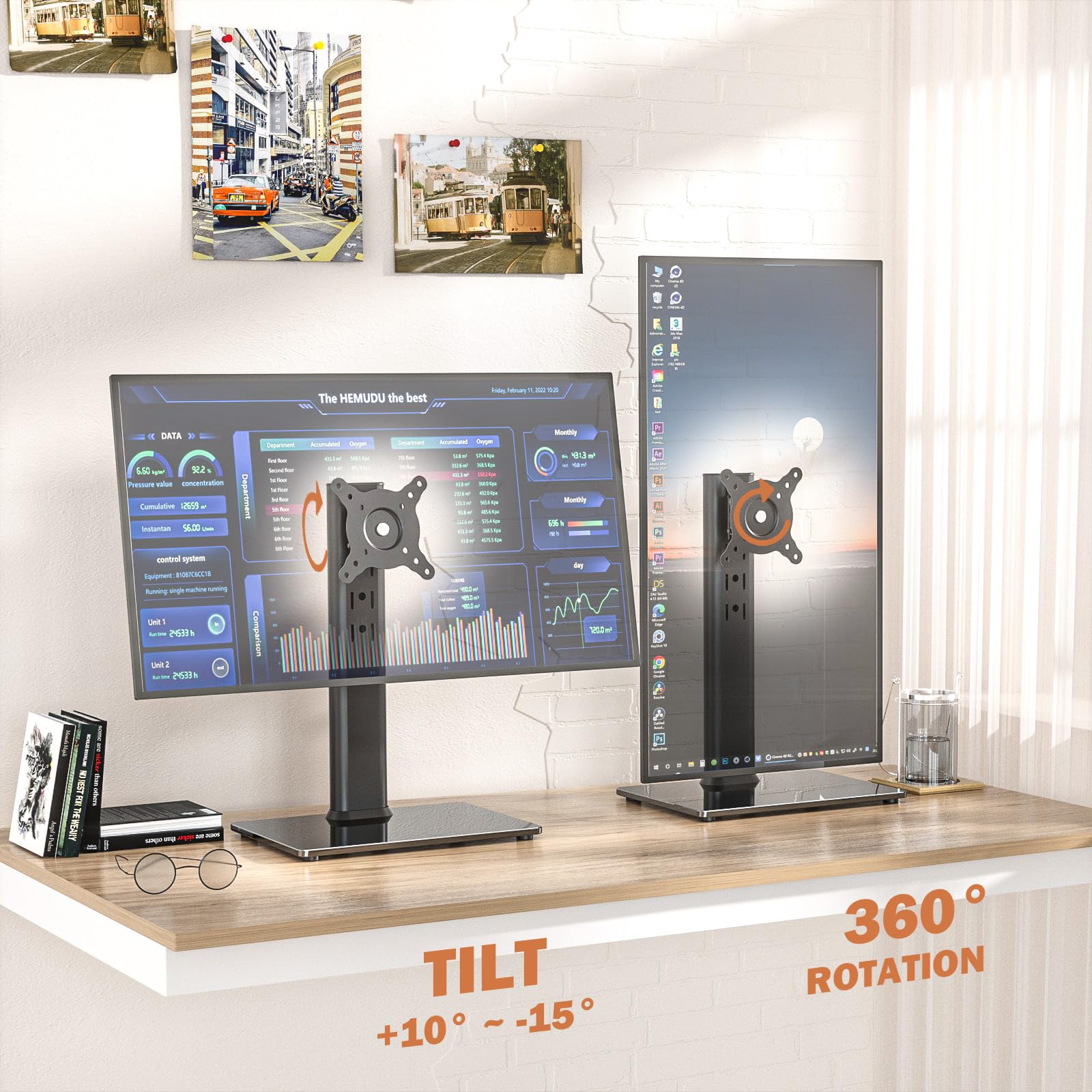 2 Pack Single LCD Computer Monitor Free-Standing Desk Stand Riser for 13 inch to 32 inch Screen with Swivel, Height Adjustable, Rotation, Holds One (1) Screen up to 77Lbs(HT05B-201)