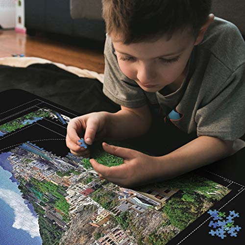 Becko Double Sided Puzzle Mat Puzzle Roll Up Storage Mat Resilient Neoprene Puzzle Saver with Auxiliary Lines, Drawstring Bag & Pump, for up to 1500 Pcs(Black/Gray)