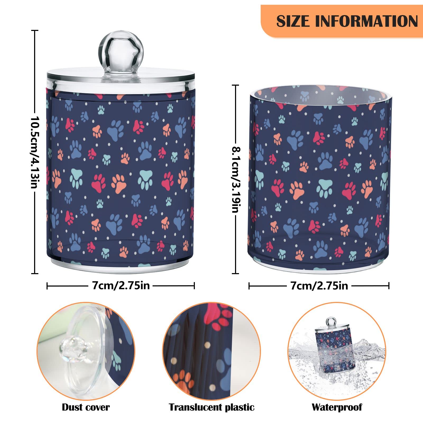 2 Pack Qtip Holder Dispenser Paw Navy Blue Apothecary Jars with Lids Dog Plastic Acrylic Bathroom Vanity Countertop Canister Storage Organizer for Cotton Ball,Swabs,Pads,Floss