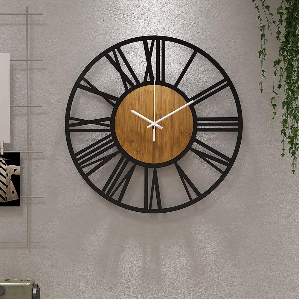 1st owned 40CM Modern Round Wall Clock for Living Room Decor,Vintage Battery Operated Nearly Silent Little Ticking Black Wood Clocks for Home Garden Office Cafe Decoration