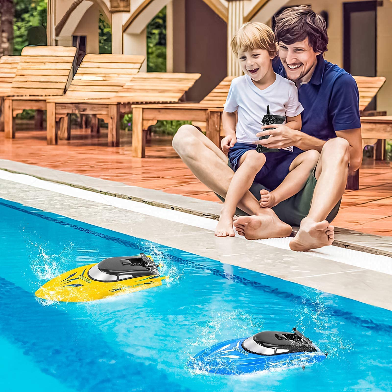 2 Pack RC Boat Remote Control Boats for Pools and Lakes for Kids and Adults, 10 kmH 2.4 GHz RC Boat for Boys 4-7 8-12 Years with 4 Rechargeable Batteries