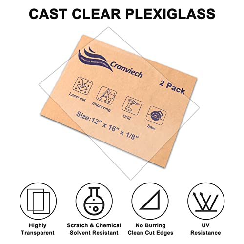 2 Pack Acrylic Sheets, Cranviech Clear Cast Plexiglass Sheet 12" x 16" x 1/8" Glass Alternative for Sign DIY Display Projects Photo Frame Craft Handcraft Painting