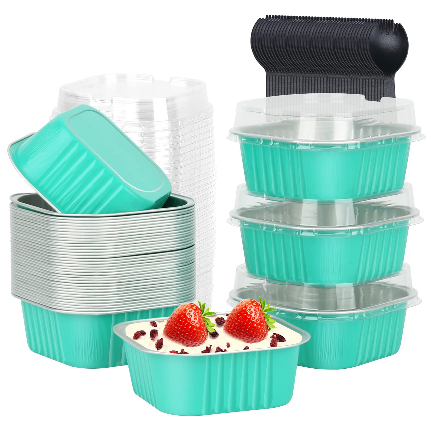 10oz Aluminum Brownie Pans 40 Pack,LNYZQUS Square 4āX4ā Disposable Ramekins Cupcake Liners With Lids,Mini Cake Baking Pans,Large Muffin Tin Holders For Catering Gathering-Cyan Blue