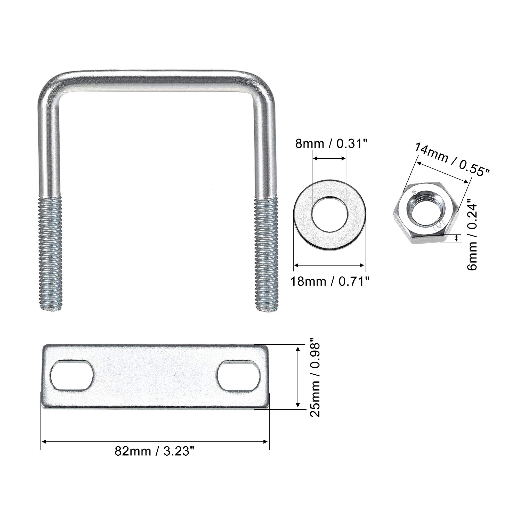 uxcell Square U-Bolts 2"(50mm) Inner Width 100mm Length Carbon Steel M8 with Nuts, Frame Plate, Round Washers 2 Set