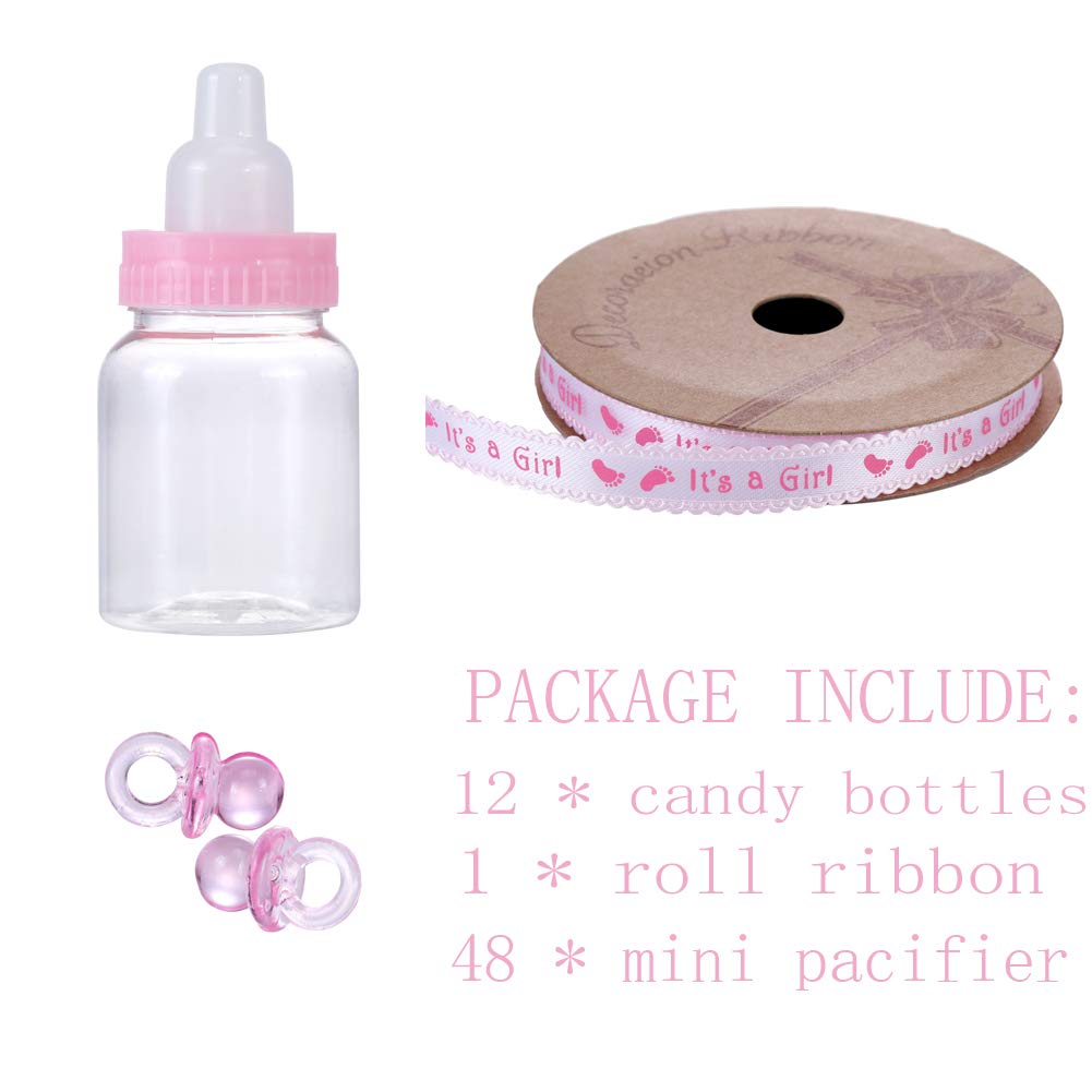 12 Pack Candy Bottles 10 Yards Ribbon and 48 Pack Acrylic Mini Pacifiers for Baby Shower Party Favors Decorations and Supplies by WeddParty (Pink A, 12)