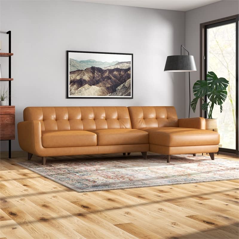 ASHCROFT Elva Mid Century L-Shaped Genuine Leather Right Facing Chaise Sectional, Light Brown Tufted Tight Back Sectional Sofa for Living Room Waiting Area Office Apartment Dorm Home, Tan