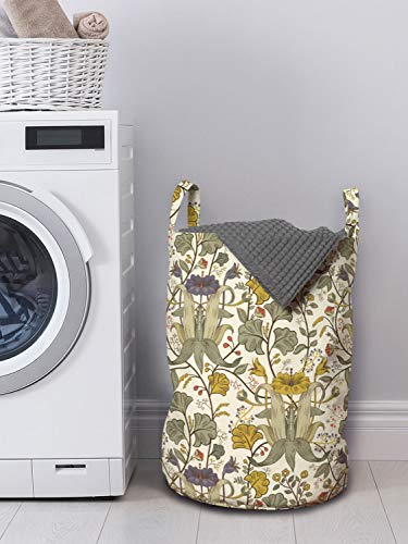 Ambesonne Floral Laundry Bag, Repetitive Detailed Sketch Flowers Wild Botanic Plants Pattern, Hamper Basket with Handles Drawstring Closure for Laundromats, 13" x 19", Pale Earth Yellow Ecru
