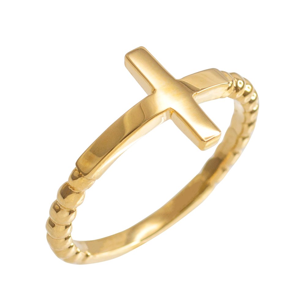 10k Yellow Gold Beaded Band Sideways Cross Ring (Size 9)