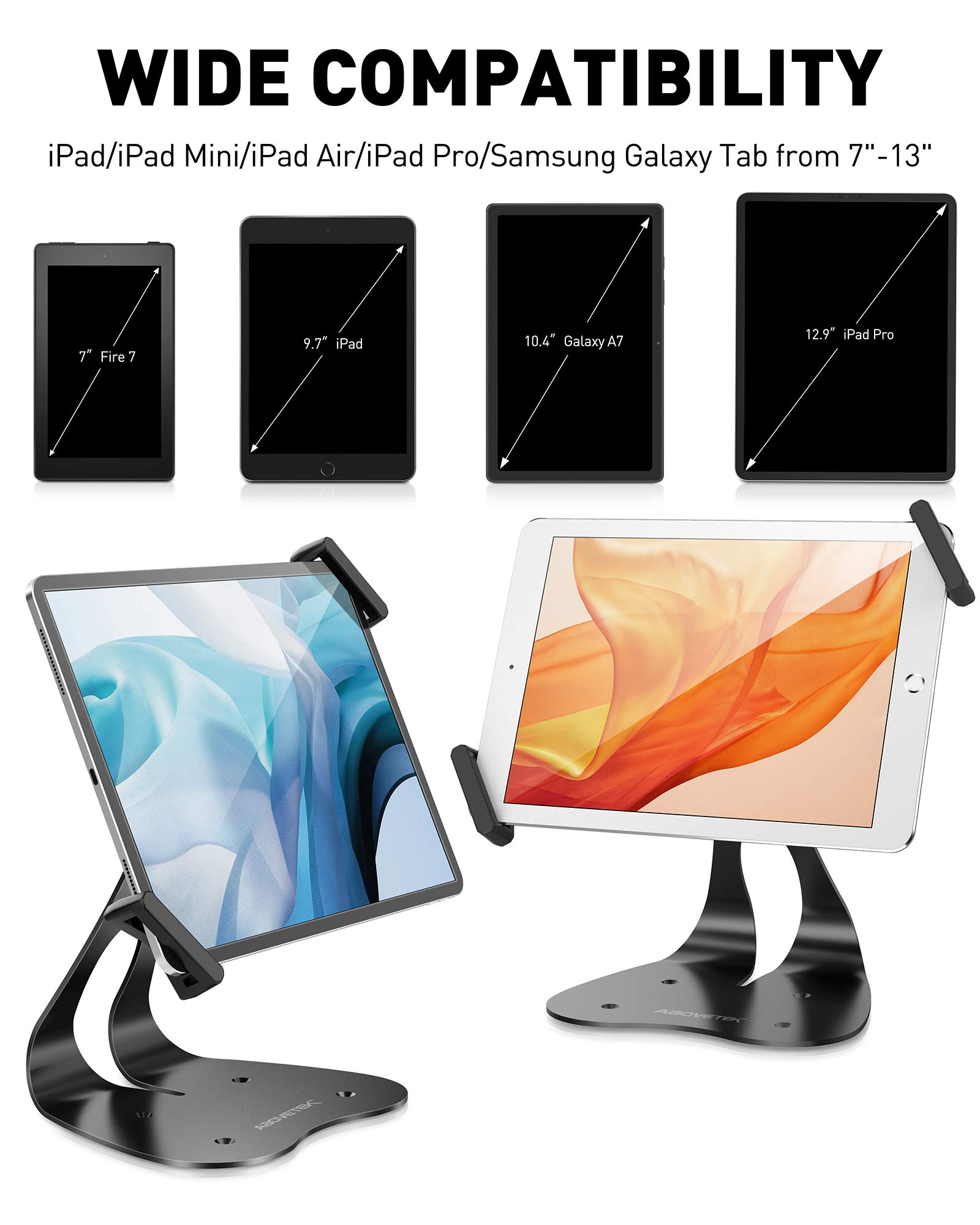 AboveTEK Anti-Theft iPad Stand, Universal Security POS Tablet Stand, Diagonally-Oriented iPad Locking Mount for 7-13 inch iPad, Galaxy with Security Cord and Key, 360° Swivel for Business and Retail