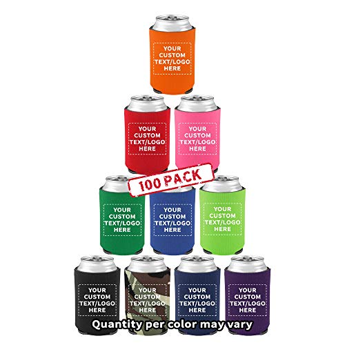 Custom Assorted Collapsible Can Coolers Set of 100, Personalized Bulk Pack - Keeps Your Drink Cold, Great for Beer, Soda and Other Beverages - Assorted