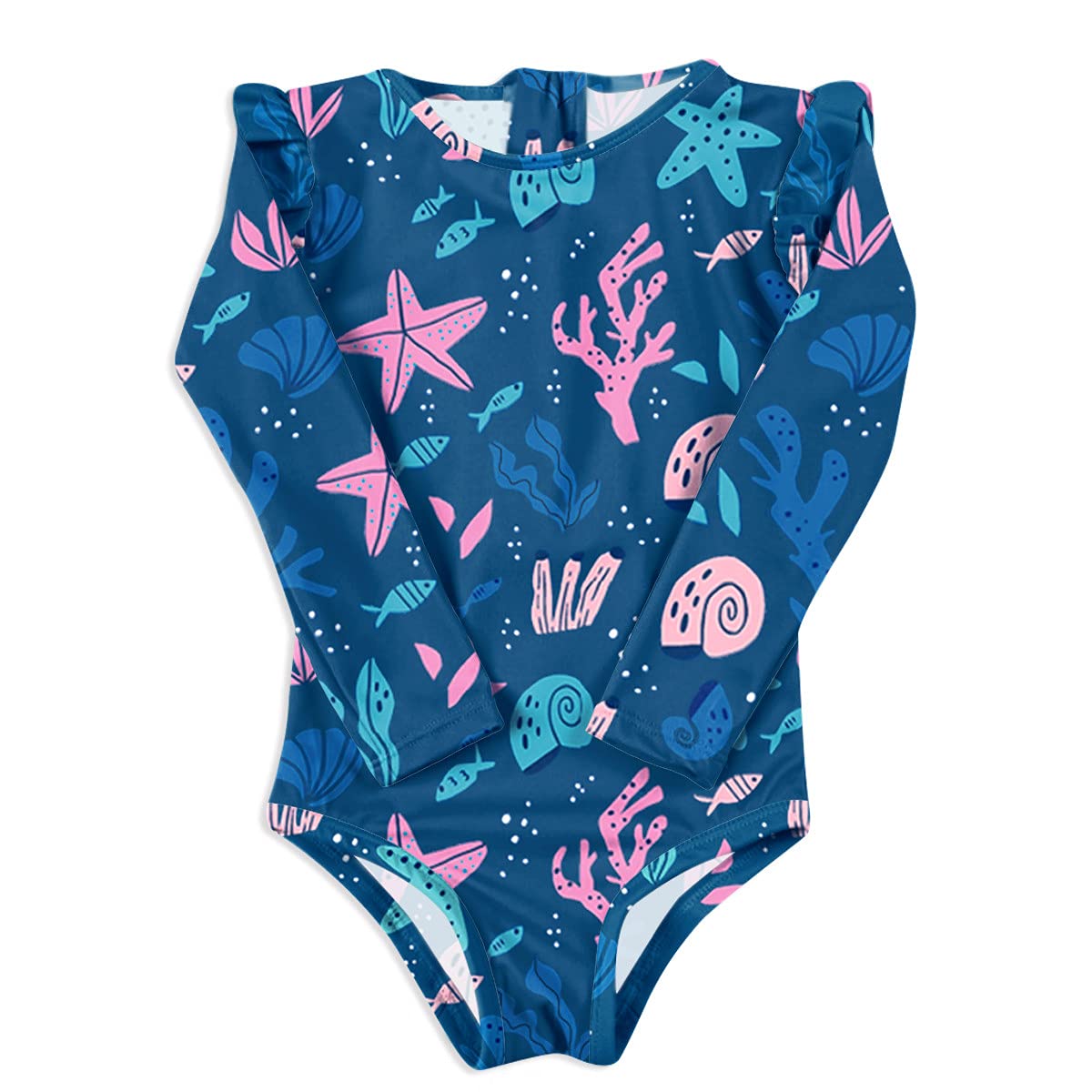 BesserBay One Piece Ruffle Trim Navy Starfish Swimsuit Sun Protective Rashguard for Baby Girls 6-12 Months