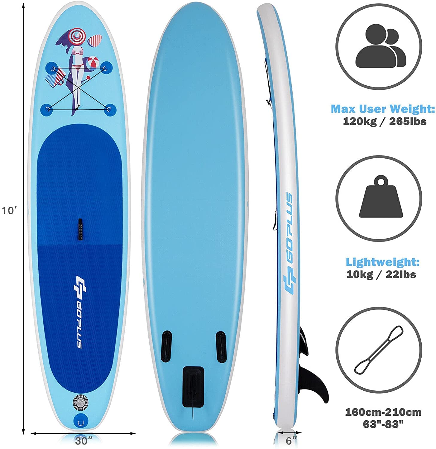 10‘ Inflatable Lightweight Stand up Paddle Board, Premium Yoga Board W/Durable SUP Accessories, with Fins, Carrying Bag, Non-Slip Deck, Adjustable Paddle & Hand Pump, Wide Stance