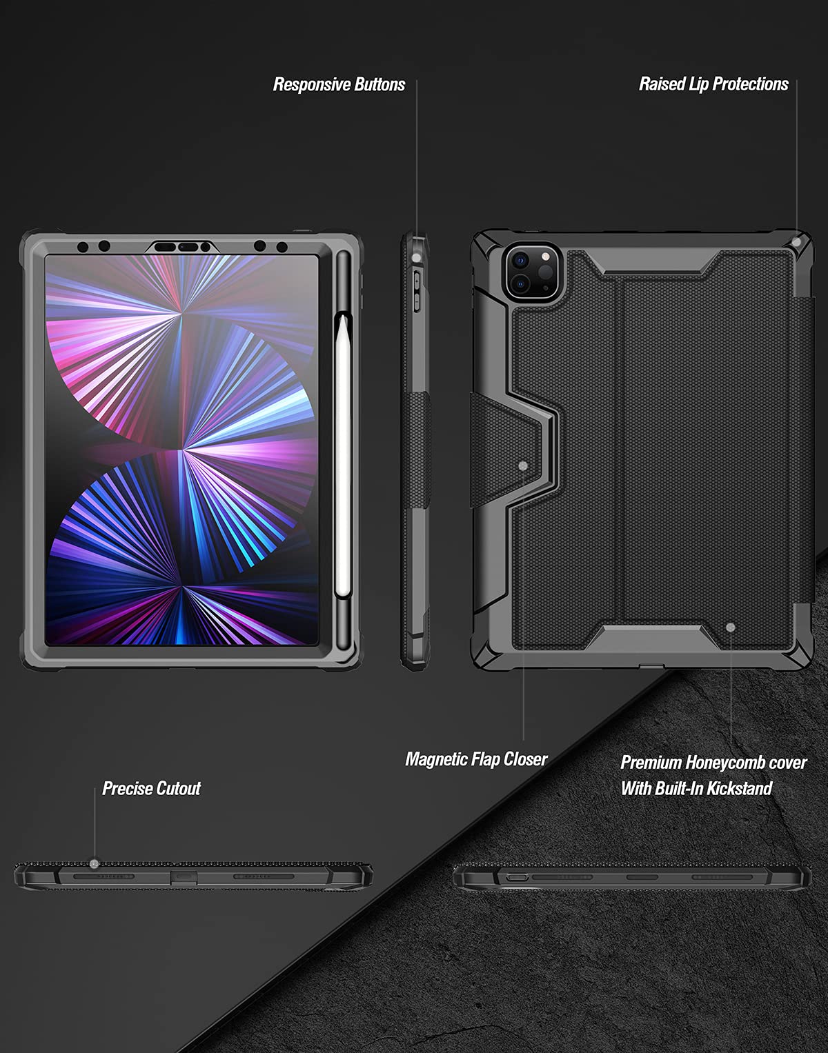 Poetic Explorer Case Designed for iPad Pro 11 Inch 4th Gen 2022/3rd Gen 2021/2nd Gen 2020/1st Gen 2018, Three Layers Tough Stand Cover Case with Built-in Screen Protector and Pencil Holder, Black