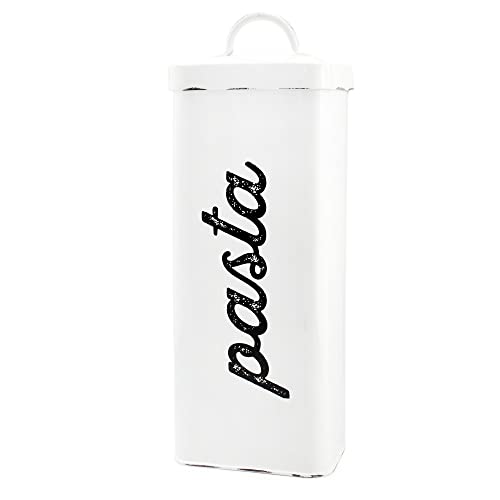 AuldHome Rustic Spaghetti Canister, Distressed White Enamelware Farmhouse Tall Pasta Storage Container