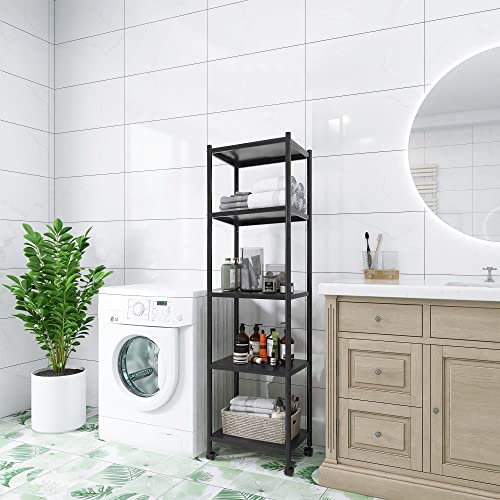 5-Tier Metal Rolling Cart Organizer with Wheels ,Adjustable Heavy Duty Free Standing Baker's Rack for Kitchens,Storage Tower for Pantry Laundry Bathroom Narrow Places