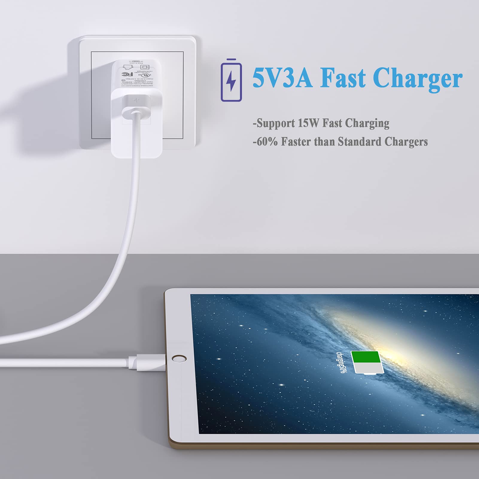 5V3A Type C Fast Charger for Samsung Galaxy Tab A7 10.4" SM-T500, A7 Lite 8.7" SM-T220; Tab A8 10.5" SM-X200; Tab A9+ 12.4" SM-X210; Tab S9 S9+ S8 S8+ S7 S7+ S6 with 3A Fast USB-C Charging Cable Cord