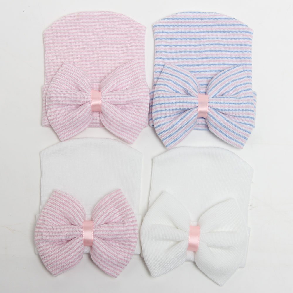 DRESHOW BQUBO 4 Pack Newborn Hospital Hat Infant Baby Hat Cap with Big Bow Soft Cute Knot Nursery Beanie