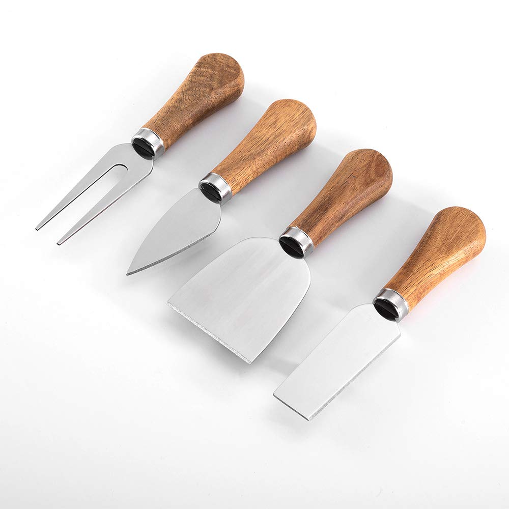 4 Piece Set Cheese Knife - Stainless Steel Cheese Cutter Board and Slicer, Fork Shaver and Spreader with Wood Handle, Sharp Butter Knife and Spatula for Cake Cutlery