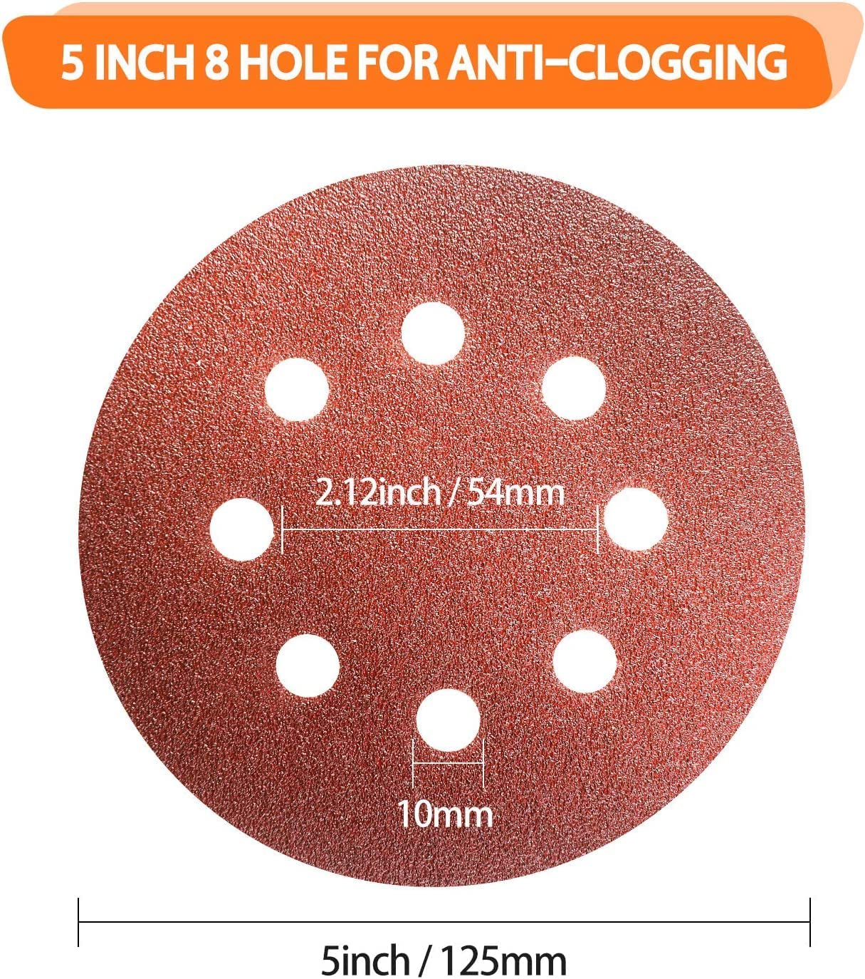 100PCS 5 Inch 8 Hole Hook and Loop Sanding Discs Sandpaper, 60 80 120 180 240 320 400 Grits Sand Paper for Random Orbital Sander