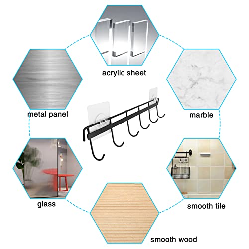 2 Pack Kitchen Adhesive Wall Hooks Rack Rail,Spoon Hanger for Kitchen Hanging Spatulas Measuring Spoons Space Saving No Drilling Hanger with 6 Hooks for Bathroom Bedroom Closet(Black)