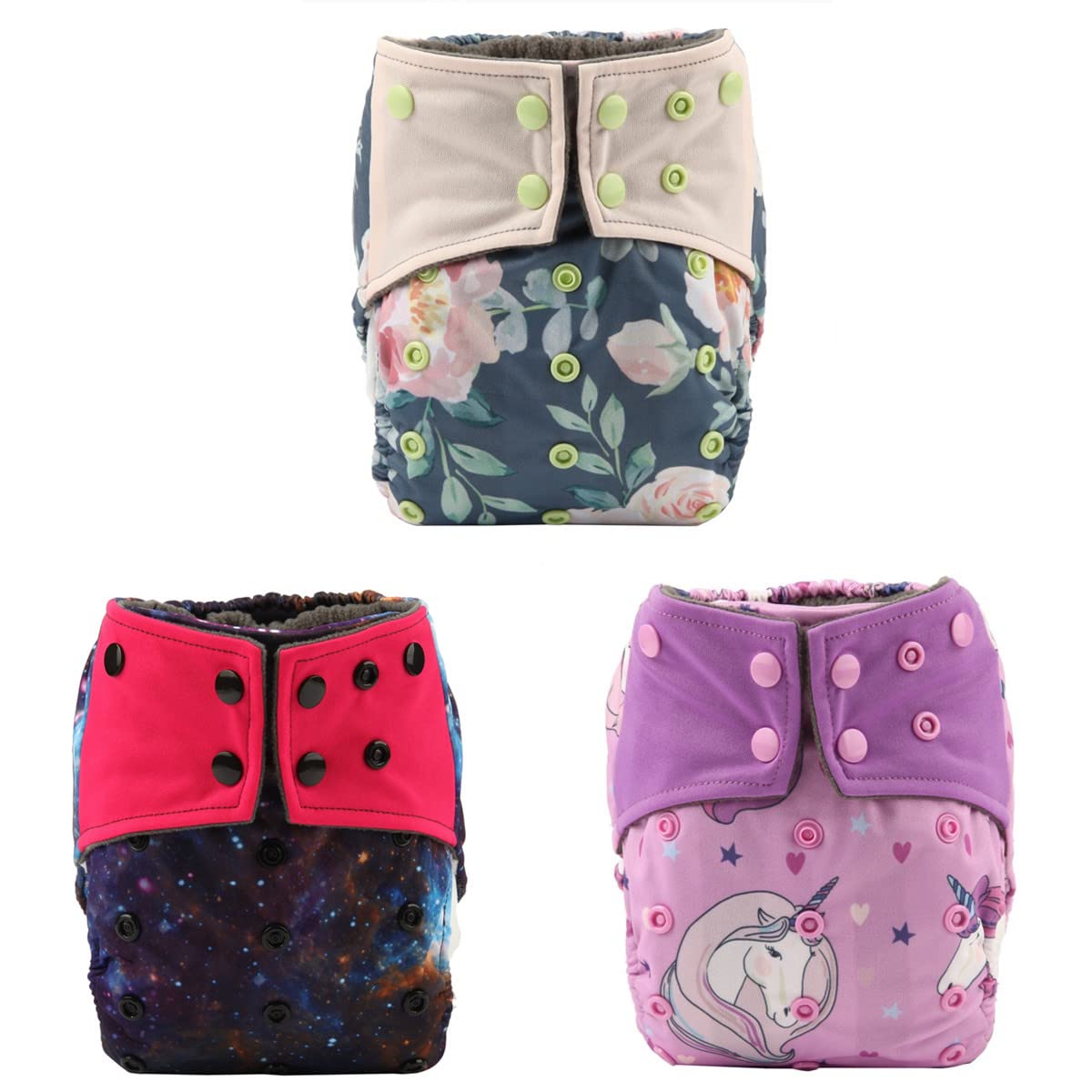3 AIll in One Night AIO Cloth Diapers Nappy Bulit in Insert Reusable Washable for Girls (Flowers Pack)