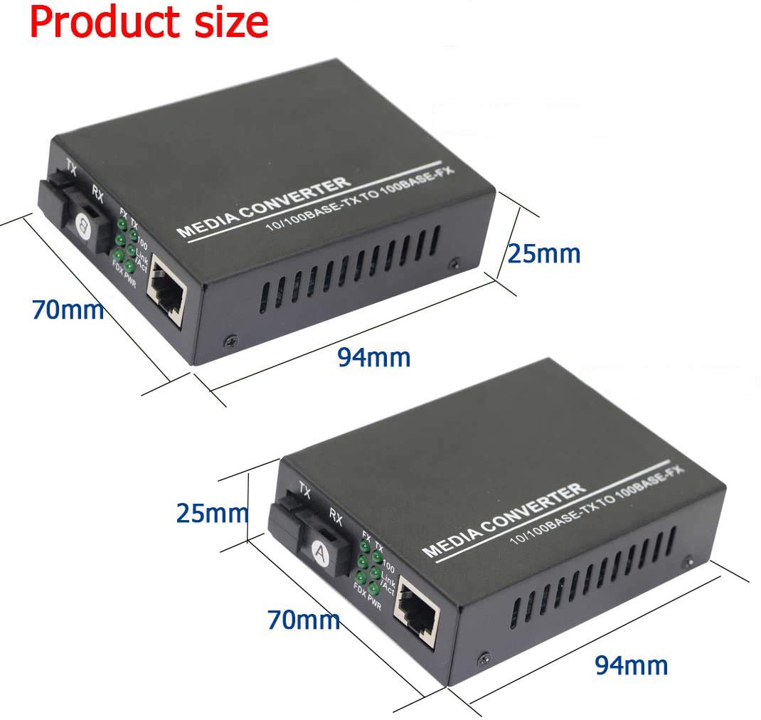 XMSJSIY Fiber Ethernet Media Converter, Single-Mode 10/100Base-TX to 100Base-FX, RJ45 to SC, Fiber Transceiver Up to 25KM (1 Pair)