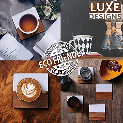 Acacia Wood & White Marble Coasters with Holder (4 Piece) β Square Absorbent Coasters For Drinks: Tea, Coffee, Wine & More β Fancy Half Marble Half Wood Coasters Set for Home & Kitchen Decor (4β x 4β)
