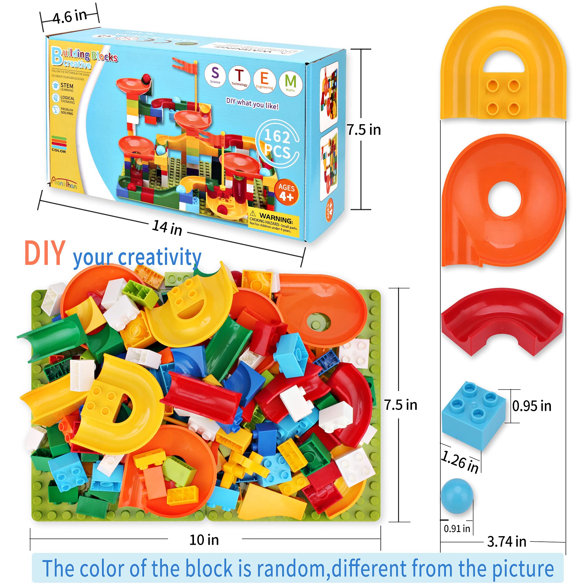 162 PCS Marble Run Building Blocks with 6 Balls Classic Big Blocks STEM Toy Kids Puzzle Compatible with All Major Brands Bricks Set, Ramps, Funnels for Boys Girls Age 4 5 6 7 8+