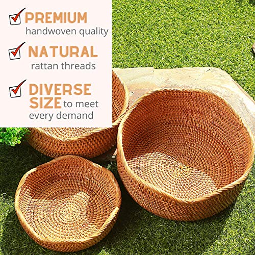 CLAYNIX Woven Fruit Basket For Storage Key Holder Bowl Decorative Wall Bread Vegetable 3 Serving Bowl Set For Organizing Kitchen Natural Rattan Picnic Basket Curve Stackable Set of 3 (Wave)