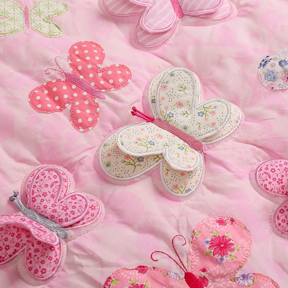 7 PCs Pink Embroidery Butterfly Nursery Crib Bedding Set 100% Cotton Baby Girl 3D Butterfly Themed Cot Bedding Set 1 Quilt, 1 Skirt, 1 Fitted Sheet, 1 Window Valance, 3 Butterfly Shaped Wall Decor