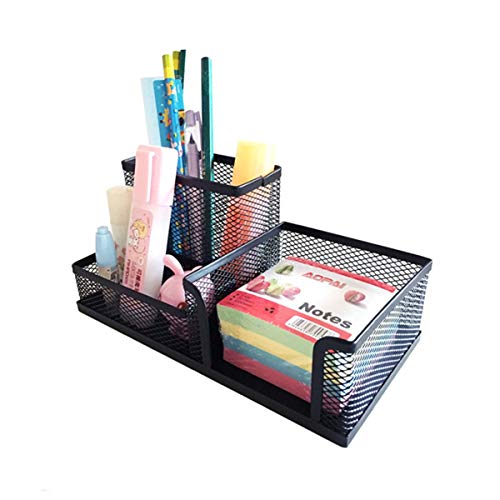 2 Pack Black Pen Holder Mesh Desk Organizer Office Supplies Caddy with Pencil Holder and Storage Baskets for Desk Accessories, 3 Compartments