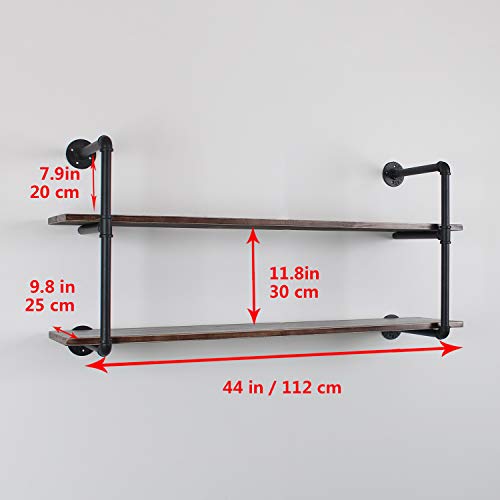 OISSIO Industrial Pipe Wall Shelf,2-Tiers Wall Mount Bookshelf,44in Rustic Wall Mount Shelf,DIY Storage Shelving Floating Shelves,Rustic Pipe Shelving Unit,Wall Book Shelf for Home Organizer